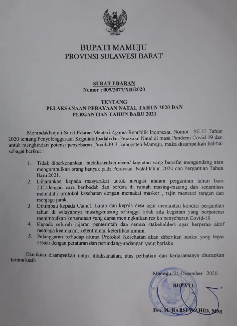 Bupati Mamuju Habsi Wajid Terbitkan Surat Edaran Penyelenggaraan Nataru Bupati Mamuju Habsi Wajid Terbitkan Surat Edaran Penyelenggaraan Nataru